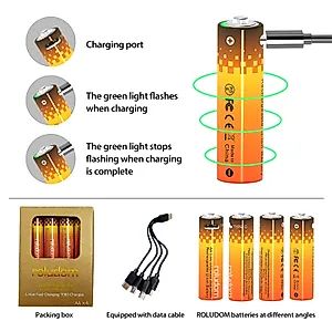 Roludom AA Rechargeable Batteries 1.5V / 2600mAh, USB-C AA Battery Lithium-ion Battery, 1.5h Fast-Charge,Not Need Extra Batteries Charger, The Battery can be Recycled 1200 Times-4 Pack