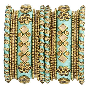 Aheli Ethnic Handmade Silk Thread Faux Stone Studded Bangle Set Chudha Indian Traditional Wedding Wear Fashion Jewelry for Women (Light Green 2.8 Inch)