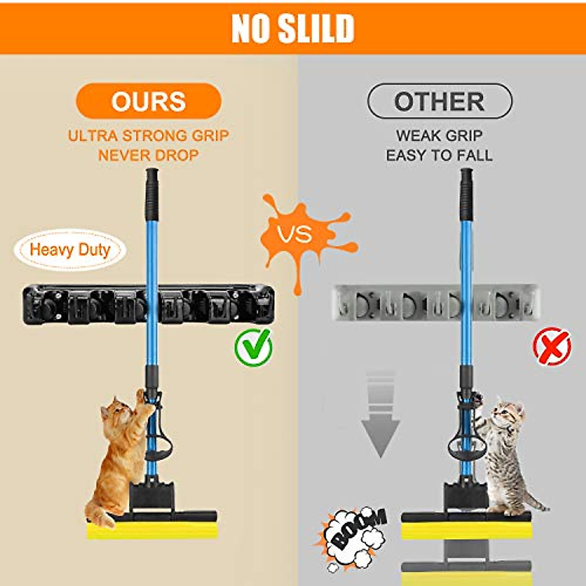 Feir Mop Broom Holder Wall Mounted Kitchen Hanging Garage Utility Tool Organizers and Storage Rack For Commercial Bathroom Laundry Room Closet Gardening (Black)