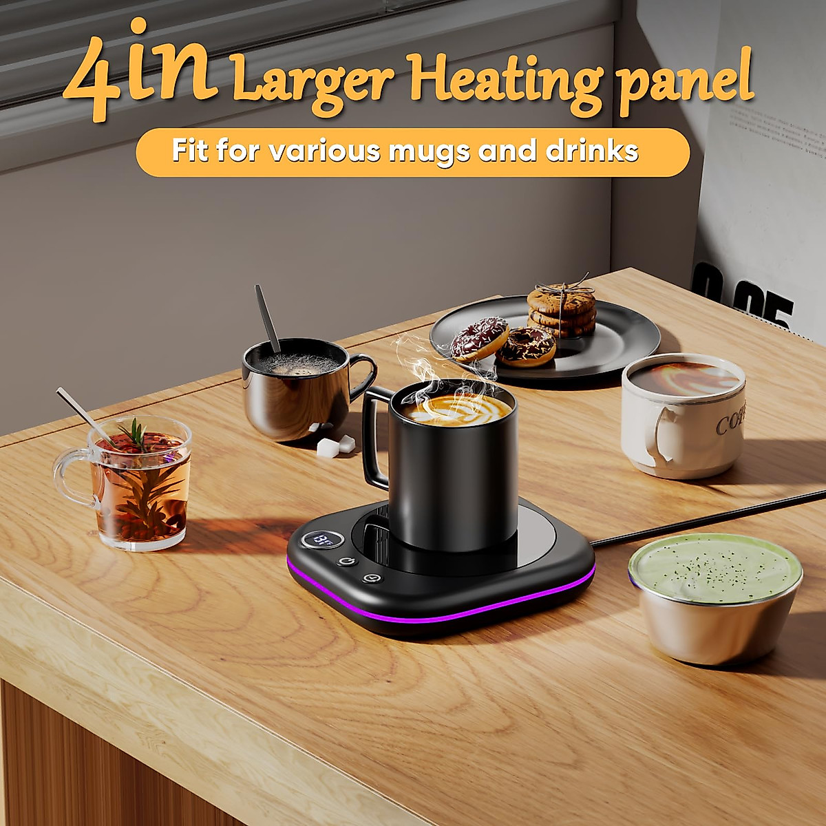 Mug Warmer Upgraded,Coffee Mug Warmer for Desk LEDs Light 3 Temp Settings (45-75℃) 1-12H Timer 4 H Auto Shut Off Beverage Cup Candle Warmer for Coffee Tea Milk(Black)