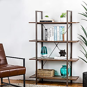 glitzhome Wooden Industrial Bookcase 4 Shelf Bookshelf Rustic Open Shelf Vintage Wood and Metal Etagere Bookcase Brown Heavy Duty Bookshelf Low Office Display Bookshelves Short Farmhouse Shelves