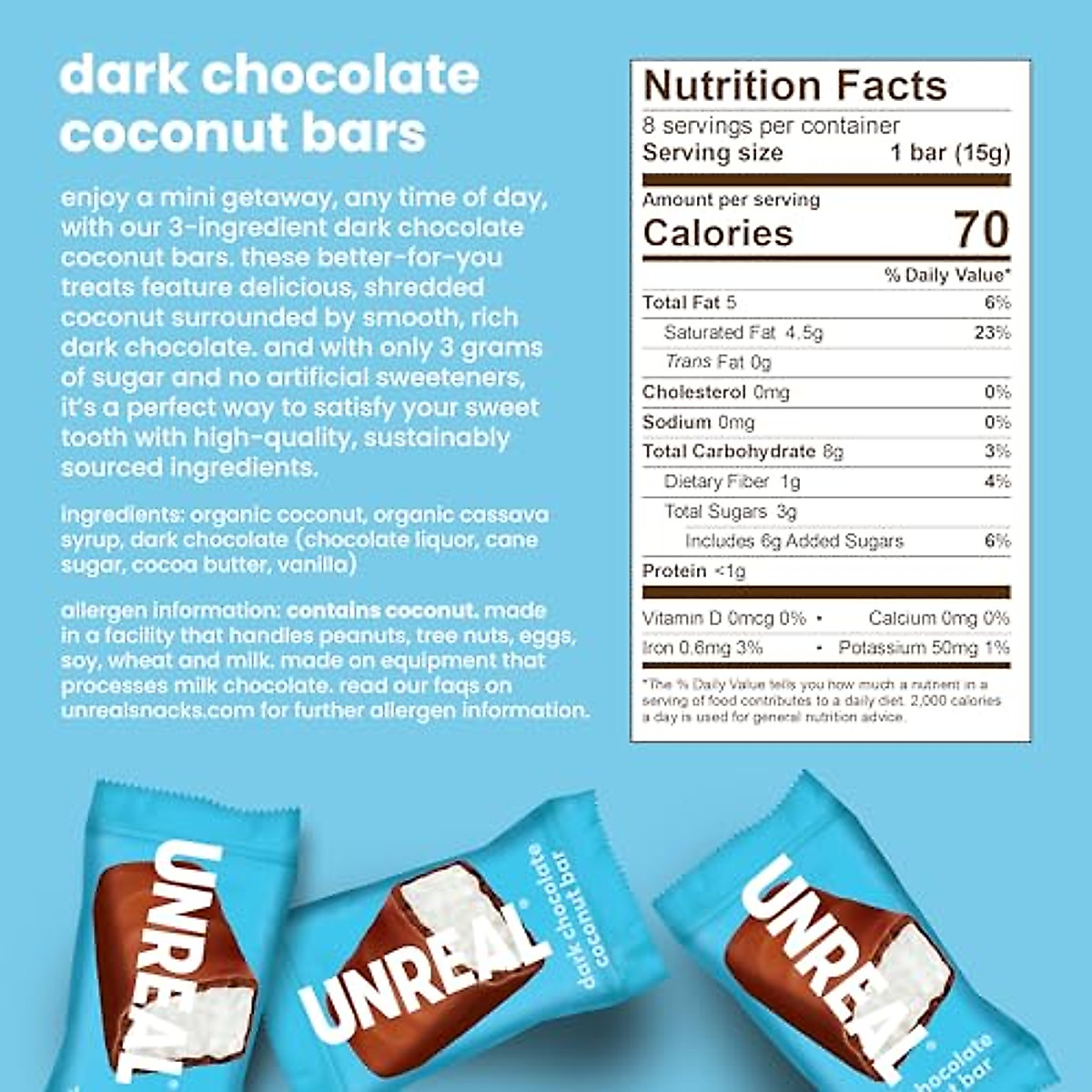 Unreal, Coconut Bars Dark Chocolate, 4.2 Ounce