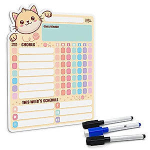 Willa Flare Fridge Chore Charts | Magnetic Chore Chart For Multiple Kids and Adults | Helps to Reward Responsibility with Family Chores Charts | Wet and Dry Markers (Gray Cat Weekly and Brown Ca)