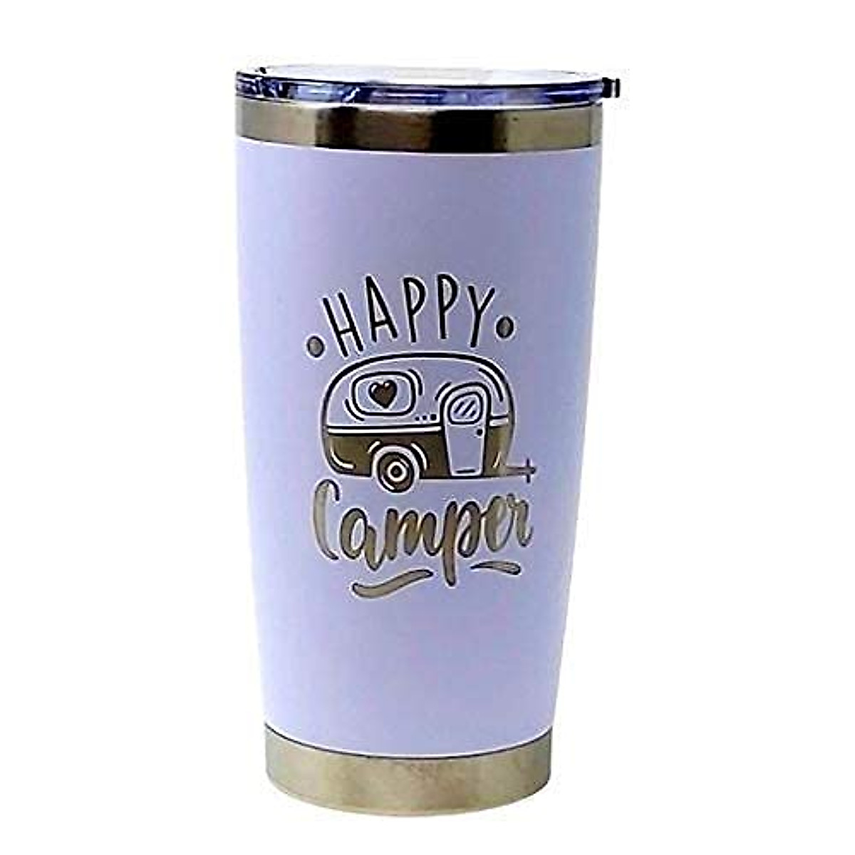 Happy Camper 20oz Coffee Tumbler (White), Coffee Mug for Mom, 20 oz Stainless Steel Insulated Travel Mug with Lid