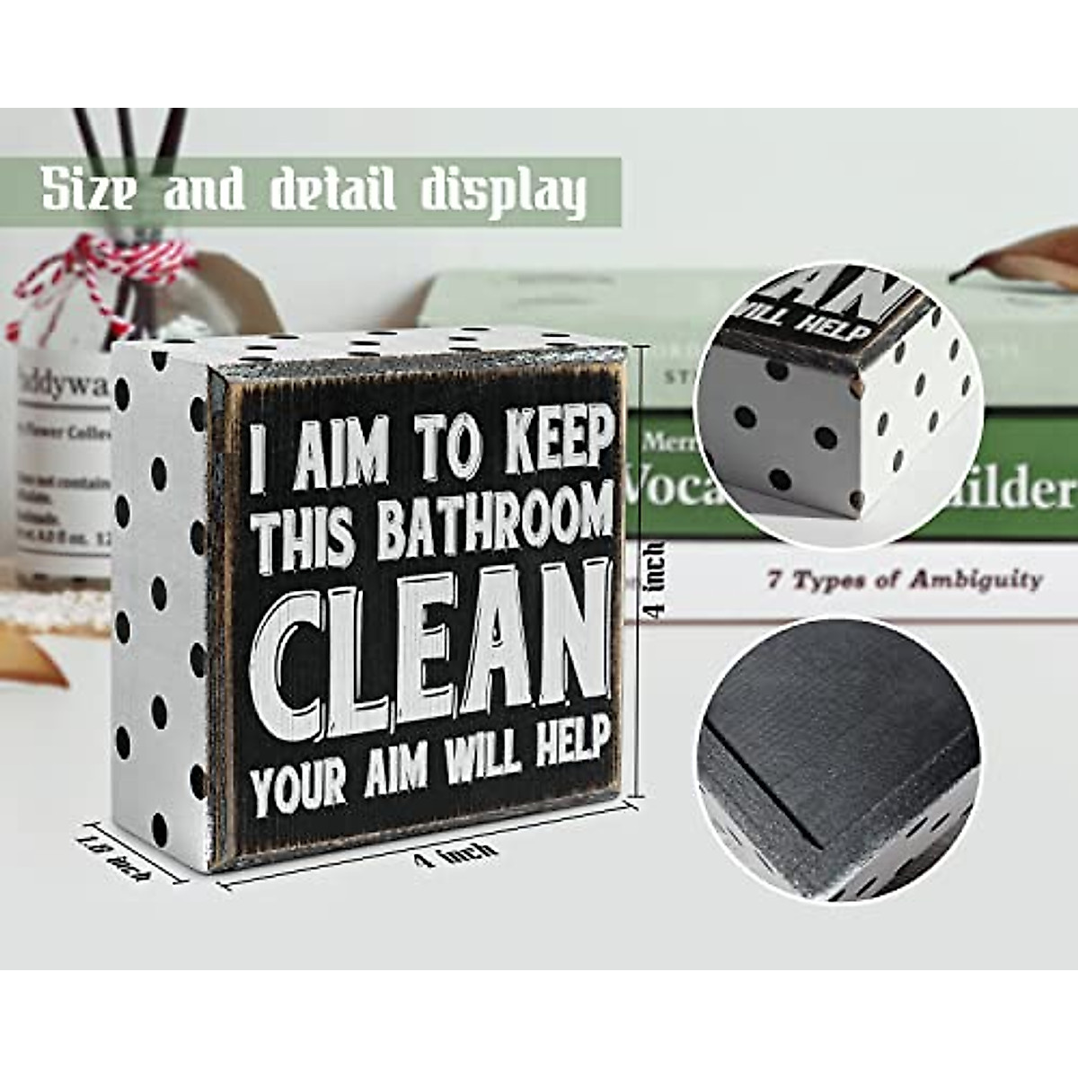 Pigort I Aim to Keep This Bathroom Clean Home Décor Sign Funny Bathroom Farmhouse Accessories Rustic Wood Bathroom Decorations Shelf Toilet Decor Wooden Box Signs for Home 4" x 4" x 1.75"