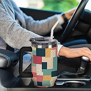 Colorful Blocks 40 Oz Stainless Steel Cup Travel Tumbler with Handle and Straw Lightweight Coffee Mug for Home Office