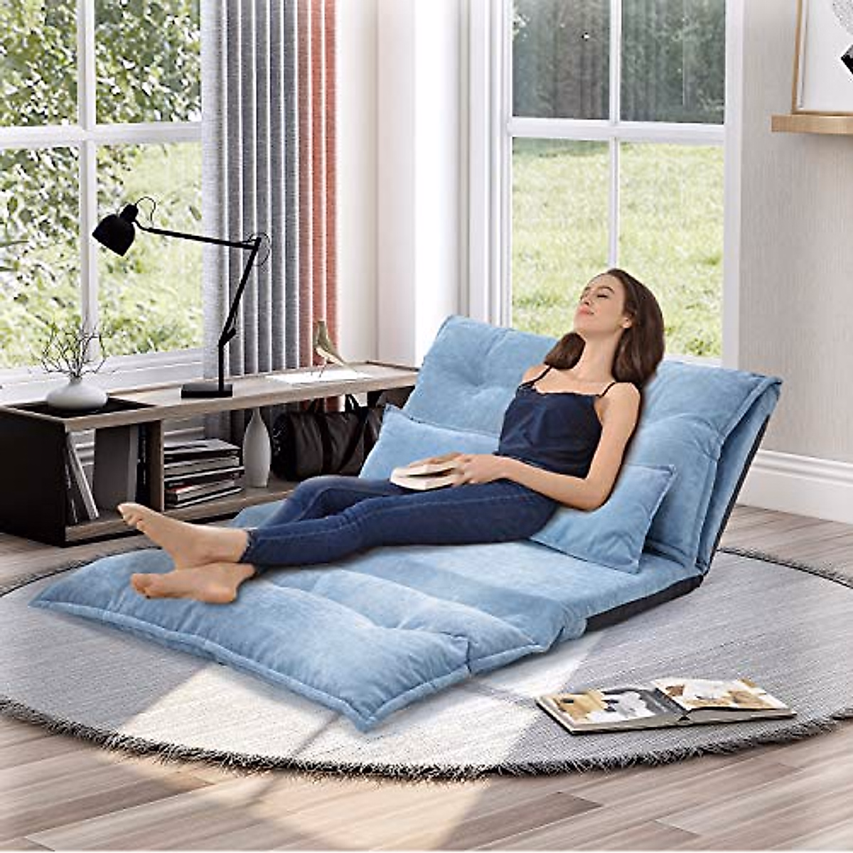 Merax Floor Sofa, Foldable Lazy Sofa Sleeper Bed with 2 Pillows, Adjustable Lounge Sofa Gaming Sofa Floor Couches 5-Position for Bedroom, Living Room, and Balcony, Blue