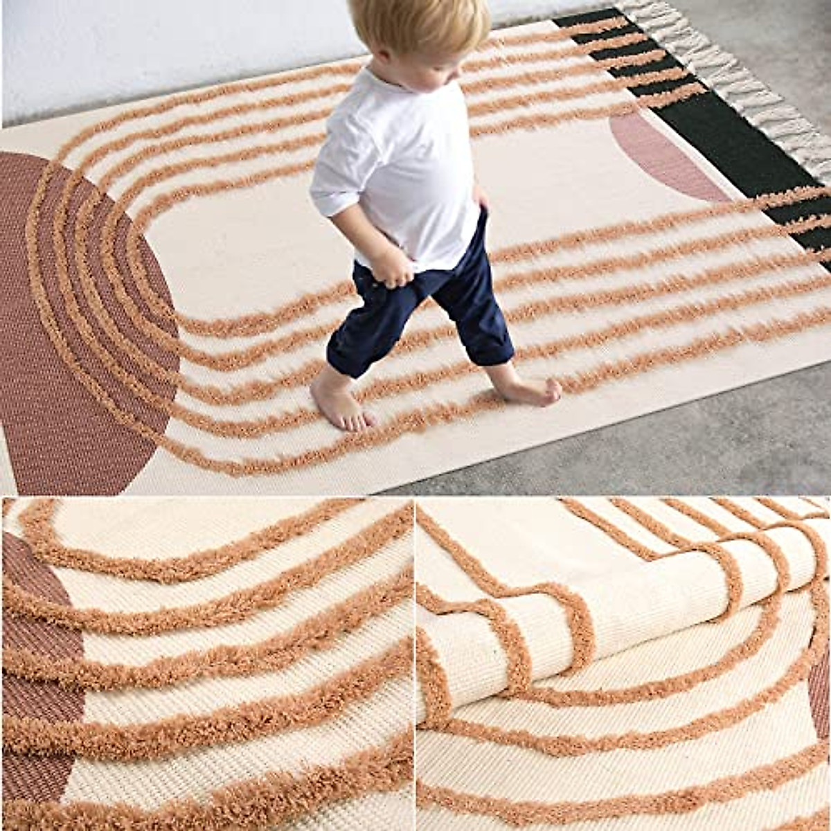 Ailsan Washable Kitchen Runner 2'x5', Cotton Handmade Runner Rugs with Tufted Design, Rainbow Boho Bathroom Rug Runner for Laundry Room Nursery Room Hallway Entrance