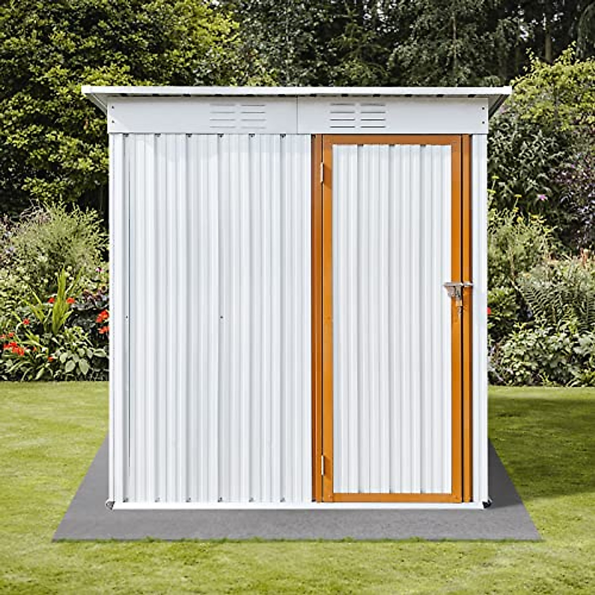 Ampela Outdoor Storage Shed with Singe Lockable Door,Outside Waterproof Galvanized Metal Shed with Air Vent Suitable for Backyard Garden,Tiny House Storage Sheds for Patio Lawn，5x3 FT,White+Orange