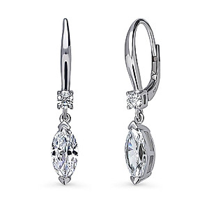 BERRICLE Sterling Silver Solitaire 2 Carat Marquise Cut Cubic Zirconia CZ Anniversary Leverback Dangle Drop Earrings for Women, Rhodium Plated