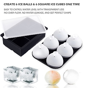HONYAO Whiskey Cocktail Ice Mold, Easy Fill and Release Silicone Round Ice Ball Maker Mold Large Square Ice Cube Tray with Lid - 6 Ice Balls + 6 Ice Cubes Black