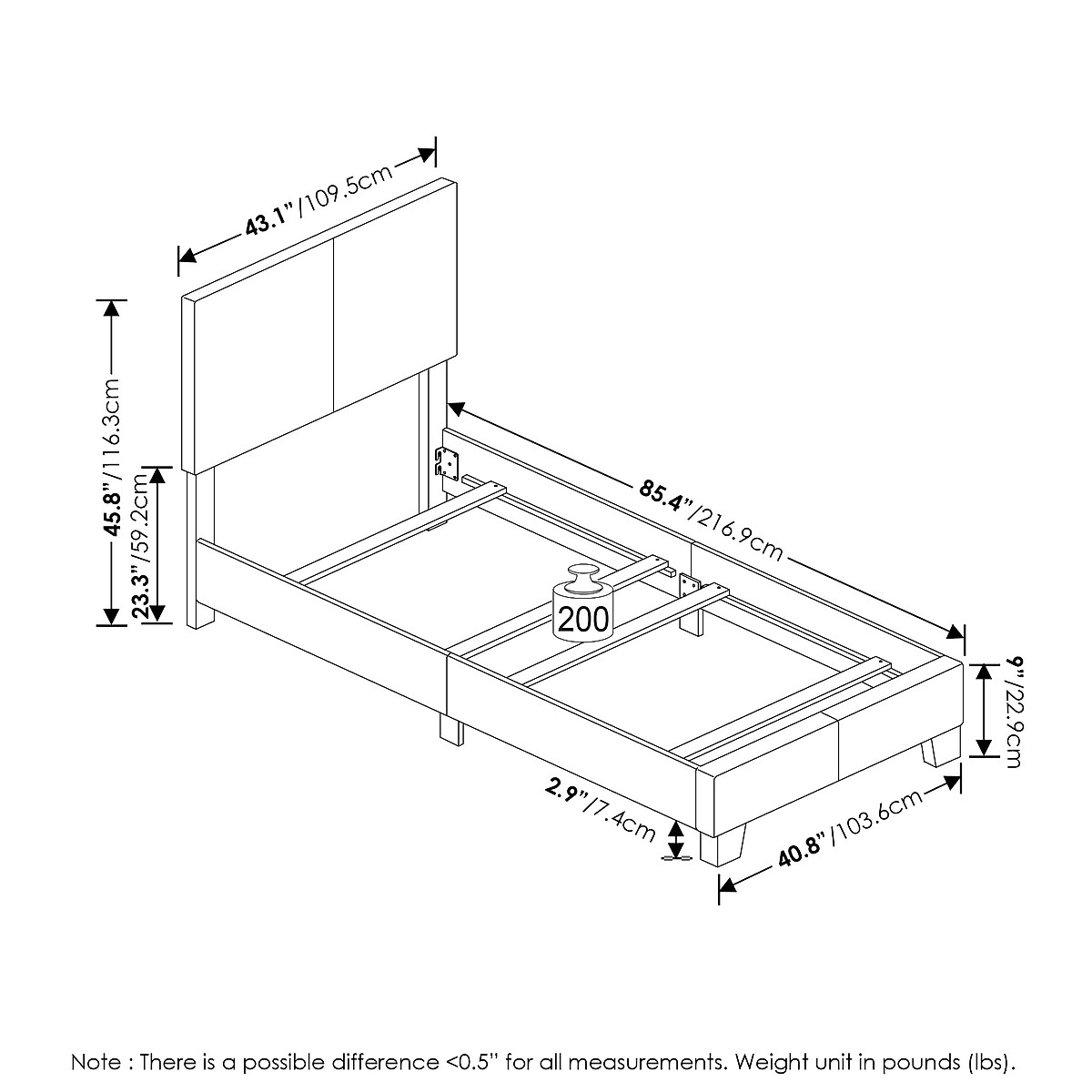Furinno Pessac Upholstered Bed Frame, White PU Leather, Twin XL