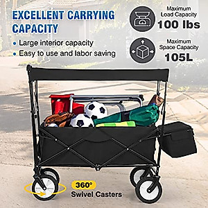 Folding Wagon Collapsible Wagon Garden Cart w/Removable Canopy Universal Wheels for Camping Picnic Outdoor Event,Black