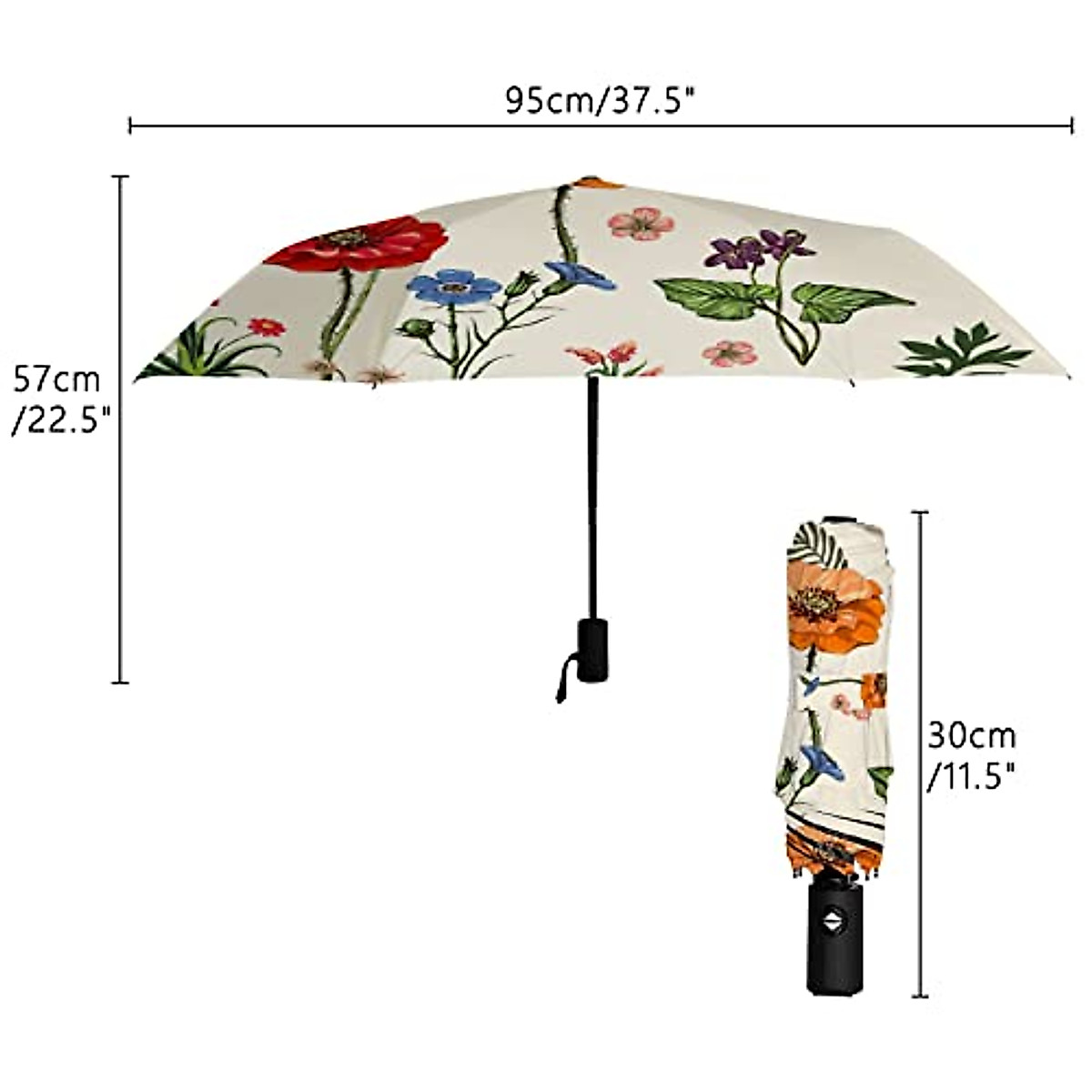 Baegutly Compact Folding Umbrella Dragonfly Beige Floral Flowers Rustic Country Garden Auto Open for Backpack Purse Travel Sun Rain Windproof Kid Women Men