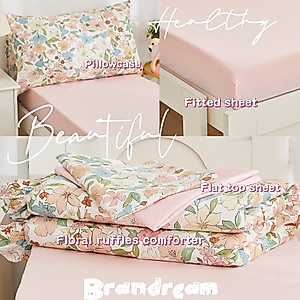 Brandream Toddler Bedding Set Girls Pink Floral Comforter Sheet Set 4 Piece Bed in A Bag Farmhouse Kids Baby Bedding with Fitted Sheet Flat Sheet Pillowcase, Luxury Design