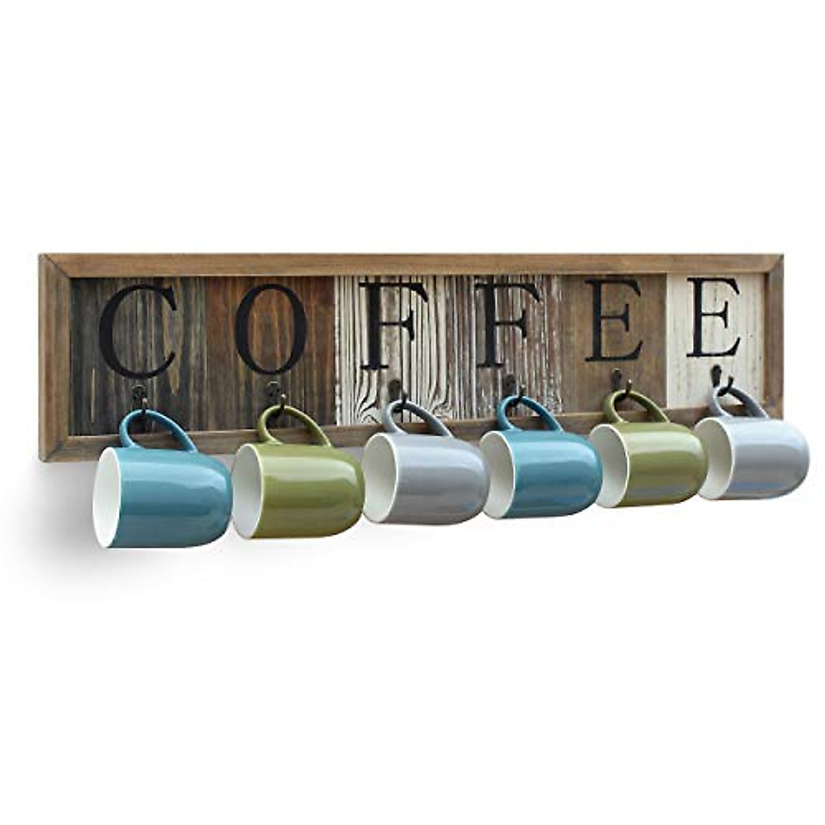 HBCY Creations Coffee Mug Holder with Printed Solid Wood Coffee Sign, 6 Coffee Cup Hooks with Wooden Coffee Mug Display and Organizer - Distressed Coffee Rack Sign, 31.5" Wide
