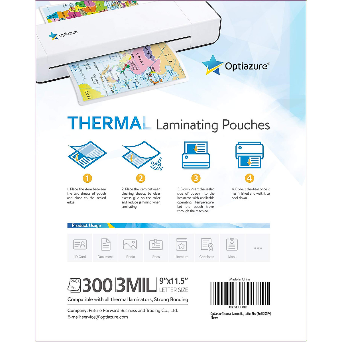 Optiazure Thermal Laminating Pouches 9"x11.5" Inches, 3mil 300Pack, Clear, Letter Size