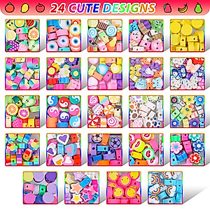 480 Pcs Fruit Flower Polymer Clay Beads, 24 Styles Trendy Cute Smiley Bead Charms for Bracelets Jewelry Necklace Earring Making with Elastic String