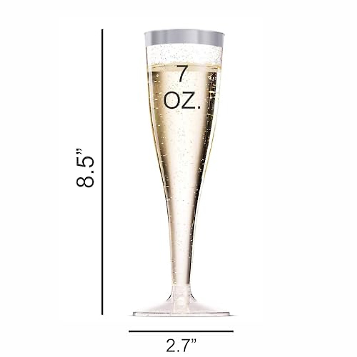 BloominGoods 50 Plastic Silver Glitter Champagne Flutes | 7 oz. Clear Hard Disposable Party & Wedding Glass | Premium Heavy Duty Fancy Cup (50-Pack)