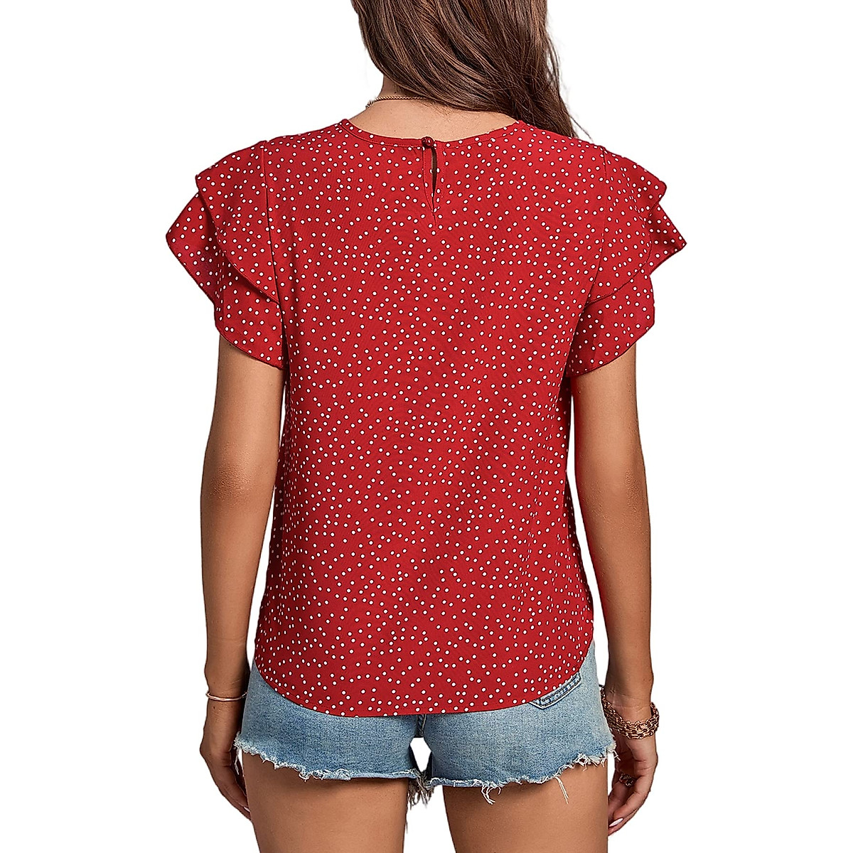 LYANER Women's Polka Dots Scoop Neck Layer Ruffle Trim Short Sleeve Blouse Shirt Top Red Medium