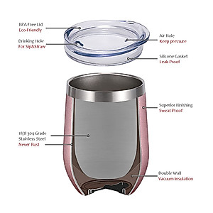 SUNWILL Insulated Wine Tumbler with Lid Rose Gold, Double Wall Stainless Steel Stemless Insulated Wine Glass 12oz, Durable Insulated Coffee Mug, for Champaign, Cocktail, Beer, Office