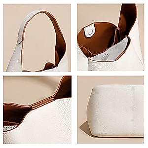 Genuine Leather Handbag for Women Fashion Tote Bag Small Bucket Bags Ladies Hobo Purse Simple & Cute Design (Off White)