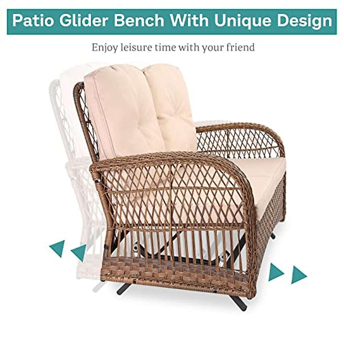 MEETWARM Outdoor Wicker Patio Glider Set with Glass-Top Coffee Table, Loveseat for 2 Person Porch Furniture Glider, Patio Glider Rocking Bench with Thickened Cushions