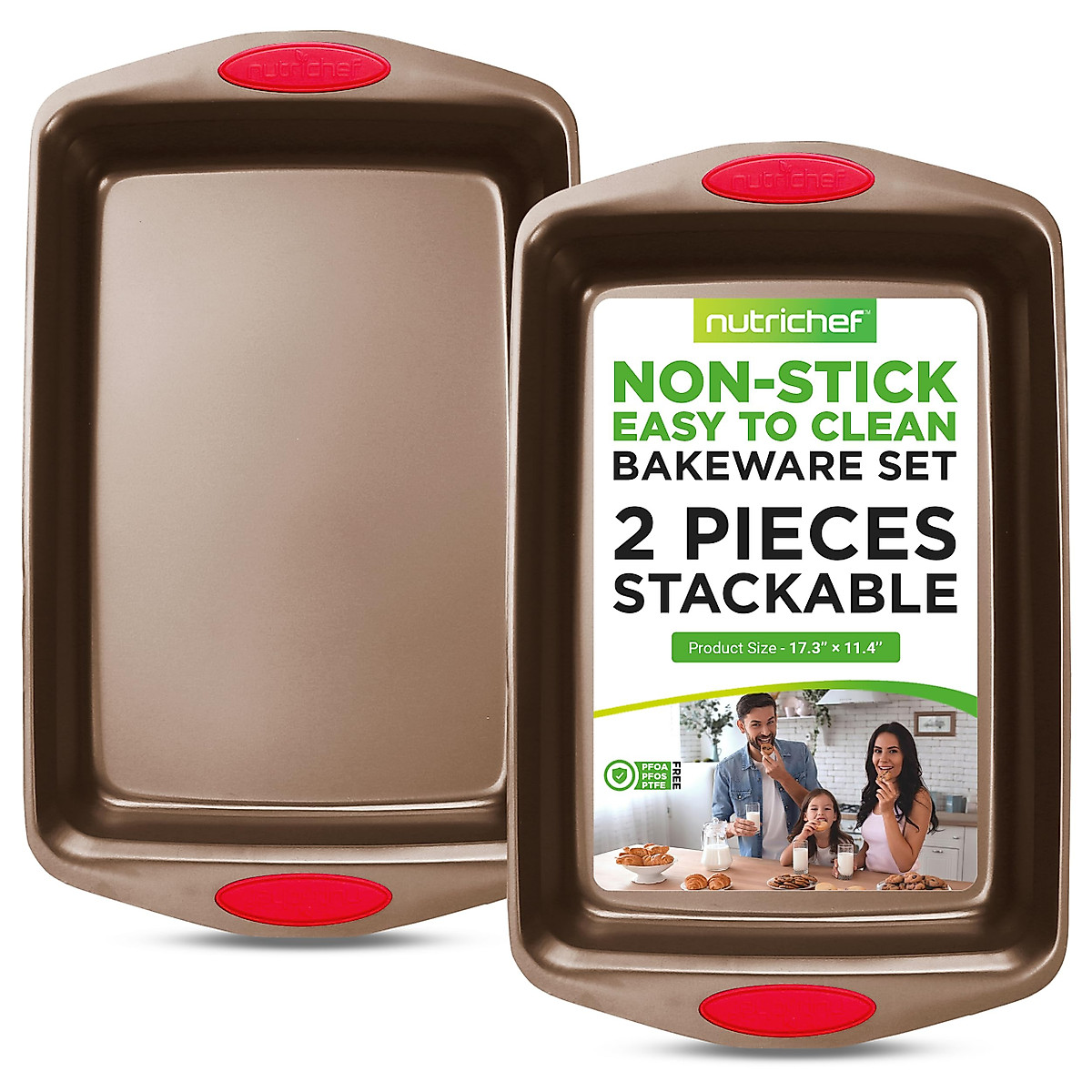 NutriChef 2-Piece Baking Pan Set - PFOA, PFOS, PTFE Free Flexible Nonstick Golden Coating Carbon Steel Bakeware - Professional Home Kitchen Bake Cookie Sheet Stackable Tray w/Red Silicone Handles