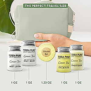Terra Pure Hotel Soaps and Toiletries Bulk Set | 1-Shoppe All-In-Kit Amenities for Hotels | 1oz Hotel Shampoo & Conditioner, Body Wash, Body Lotion & 1.25oz Bar Soap Travel Size | 150 Pieces
