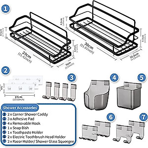UDTAVZ Shower Caddy 2 Pack, No Drilling Shower Organizer, Shower Baskets for inside Shower, Adhesive Shower Shelves with 10 Hooks for Shampoo Soap Towel, Matte Black