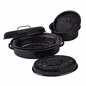Granite Ware Roasting Set Covered 13 in and 15 in Oval roaster and 3 lb round roaster. Enameled Steel design to accomodate up to 7 lb and 10 lb poultry/roast. Resists up to 932°F.