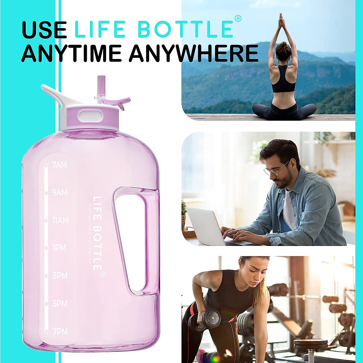 Life Bottle 1 Gallon Water Bottle with Straw Lid and Chug Lid, Leakproof Water Jug. Big Water Bottle with Time Marker, No Quotes. 128 oz with Handle and Straw, BPA Free