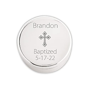 Cherished Moments Personalized Small Round Jewelry Keepsake Box that has Custom Engraved Cross and Message for Baby Baptism, Silver Toned