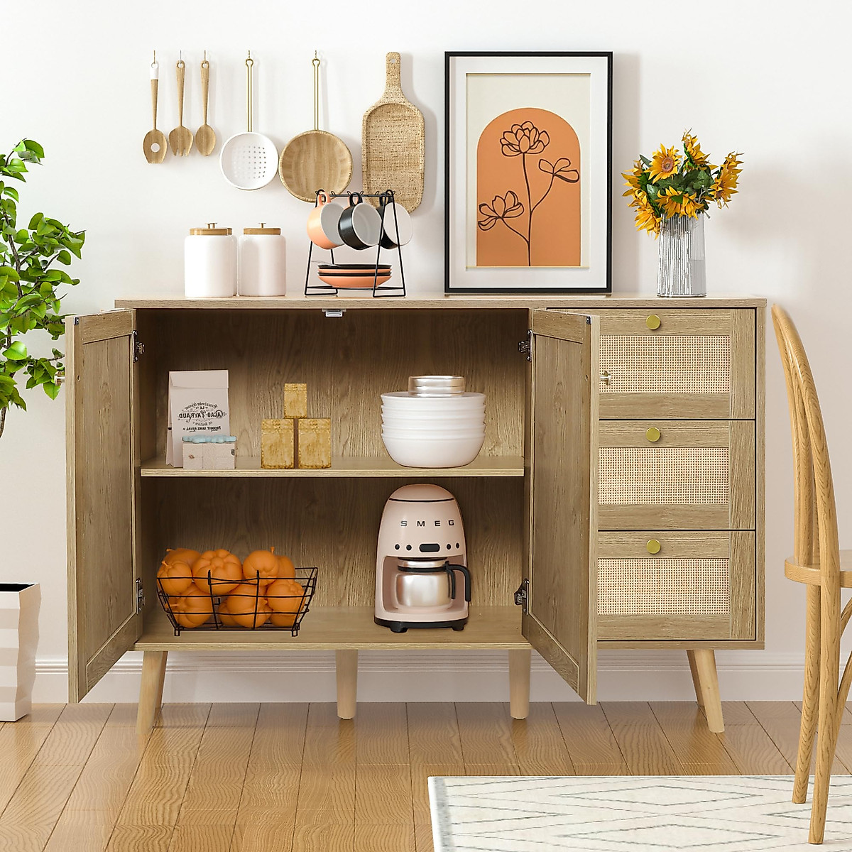 Anmytek Rattan Sideboard Buffet Cabinet with 2 Doors and 3 Drawers, Buffet Cabinet with Storage Wood Credenza Storage Cabinet for Living Room Dining Room Hallway Kitchen, Natural Oak H0088