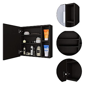 Queets Medicine Single Door Cabinet with Mirror, 2 Open Shelves, and 3 Inner Shelves, Black