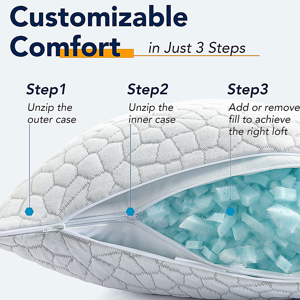 Cooling Bed Pillows for Sleeping, Shredded Memory Foam King Pillow 2 Pack, Gel Pillows King Size Set of 2, Support yet Soft Pillow for Side, Back Sleepers Adjustable Pillow with Removable Cover