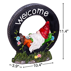 Ottsuls Solar Gnome Garden Statues for Outdoor, Resin Welcome Dwarf with Tyre&LED Lights, Sculpture Decor for Patio, Porch, Balcony, Yard, Lawn Ornament - Unique Holidays/Birthday Gift