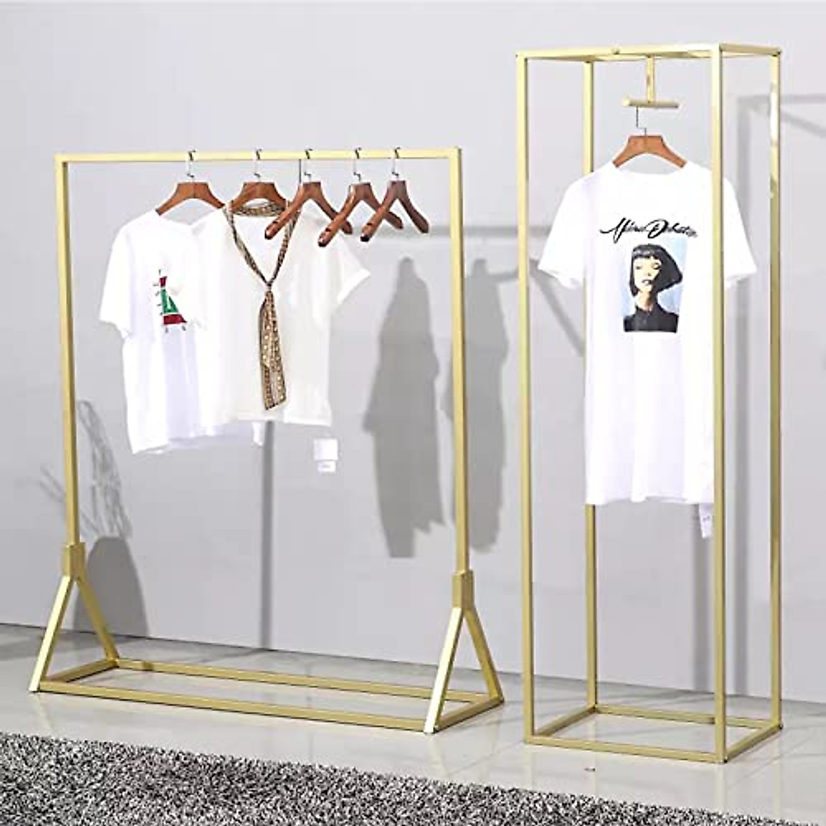 MDEPYCO Simple Fashion Metal Garment Rack,Commercial Grade Heavy Duty Clothing Display Racks,Entryway Organizer Storage Clothes Shelves (71" L, Gold)