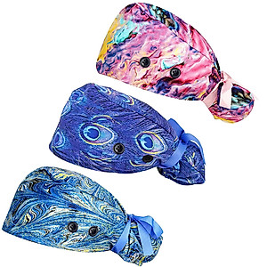 Fanadith Surgical Caps for Women, Scrub Caps Women Ponytail, 3 PCS Scrub Hats with Buttons Ribbon Tie, Adjustable Nurse Caps for Women