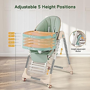 Ezebaby Baby High Chair, Portable High Chair with Adjustable Heigh and Recline, Foldable High Chair for Babies and Toddler with 4 Wheels, High Chair for Toddlers with Removable Tray-(Green)