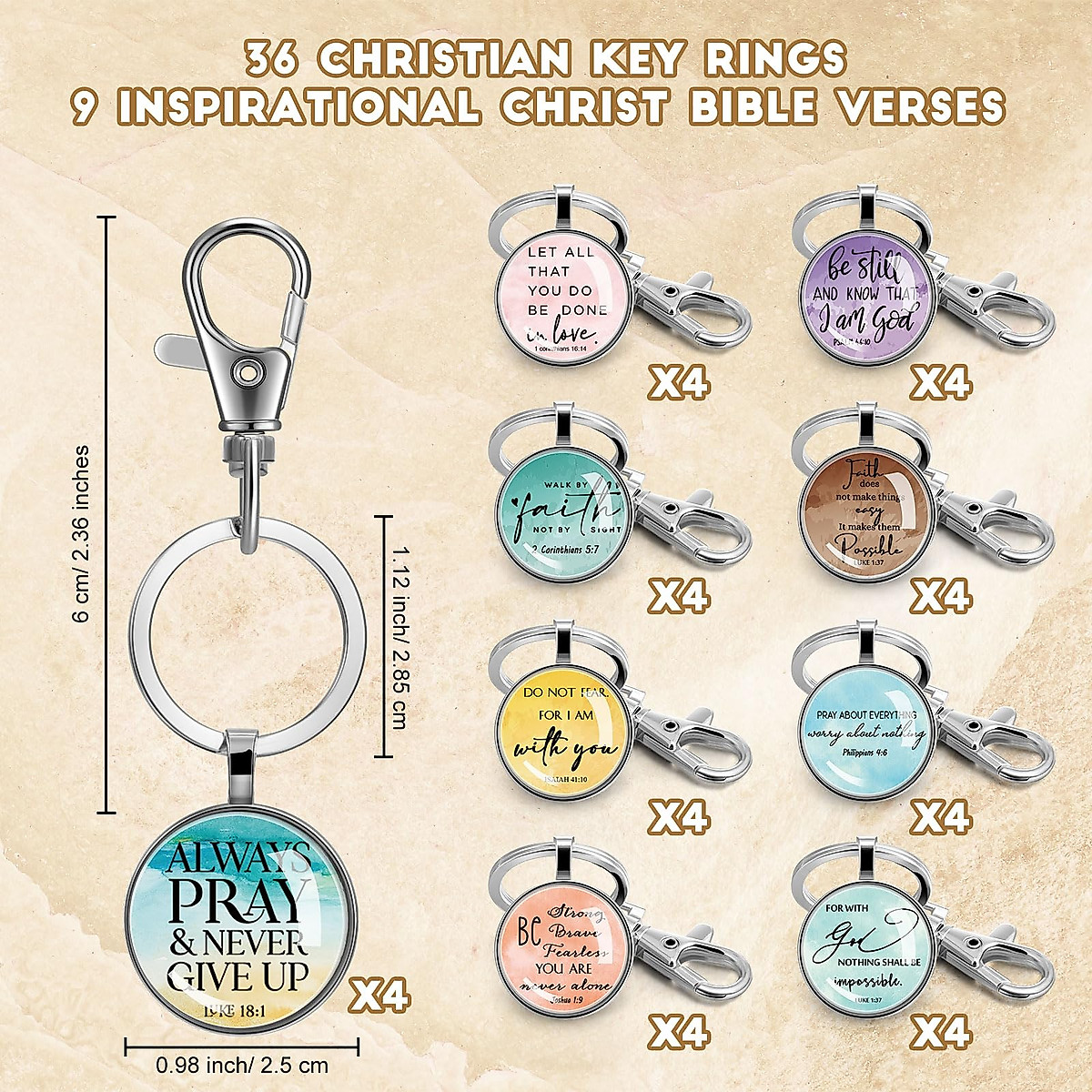 Fumete 36 Pcs Christian Keychain Bulk Bible Verse Religious Keychain Scripture Quote Keychain Inspirational Faith Hope Belief Gifts party favors Supplies for Men Women (Cute Style)