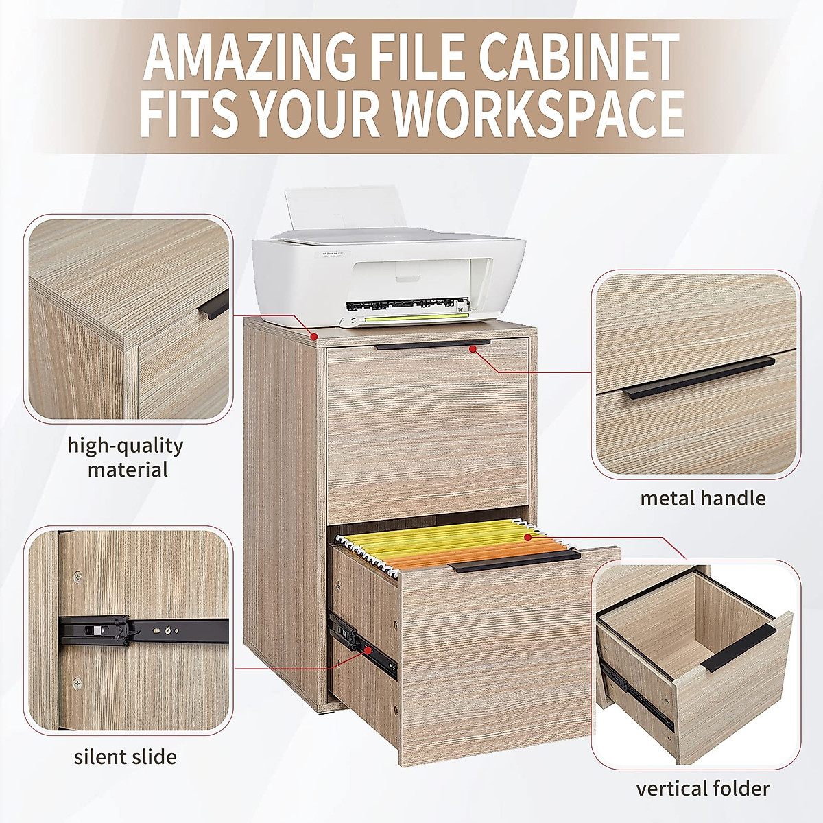 LUCYPAL 2 Drawer Wood File Cabinet,Wooden Storage Filing Cabinets with Hanging Bars for Letter Size,Under Desk Small File Cabinet for Home Office,Beige