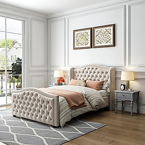 Leadtimes Beige Velvet Bed Frame Queen Size Upholstered Platform with Tufted Button Wingback Headboard Durable and Luxurious