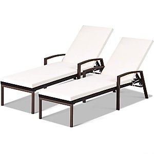 COSTWAY 2PCS Rattan Lounge Chair Outdoor, Patio Wicker Chaise Lounge with 5-Position Adjustable Backrest, Soft Cushion & Arm Rest, Pool Recliner Set of 2 for Poolside, Deck, Backyard (White)