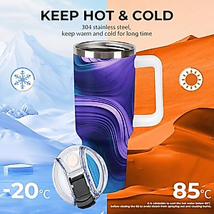 LLUTSNTH 40 Oz Vacuum Tumbler with White Handle Leakproof Insulated Tumbler Wavy Purple Stainless Steel Travel Mug with Lid And Straw Coffee Cup Cute Water Bottles Cup Holder Friendly