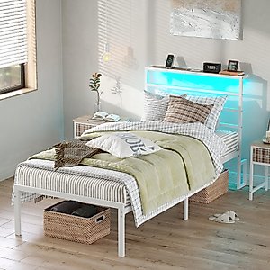 CollaredEagle Twin Size Bed Frame with Headboard, Metal Platform Bed Frame with Charging Station, Heavy Duty Platform Bed Frame with LED, Easy Assembly, White