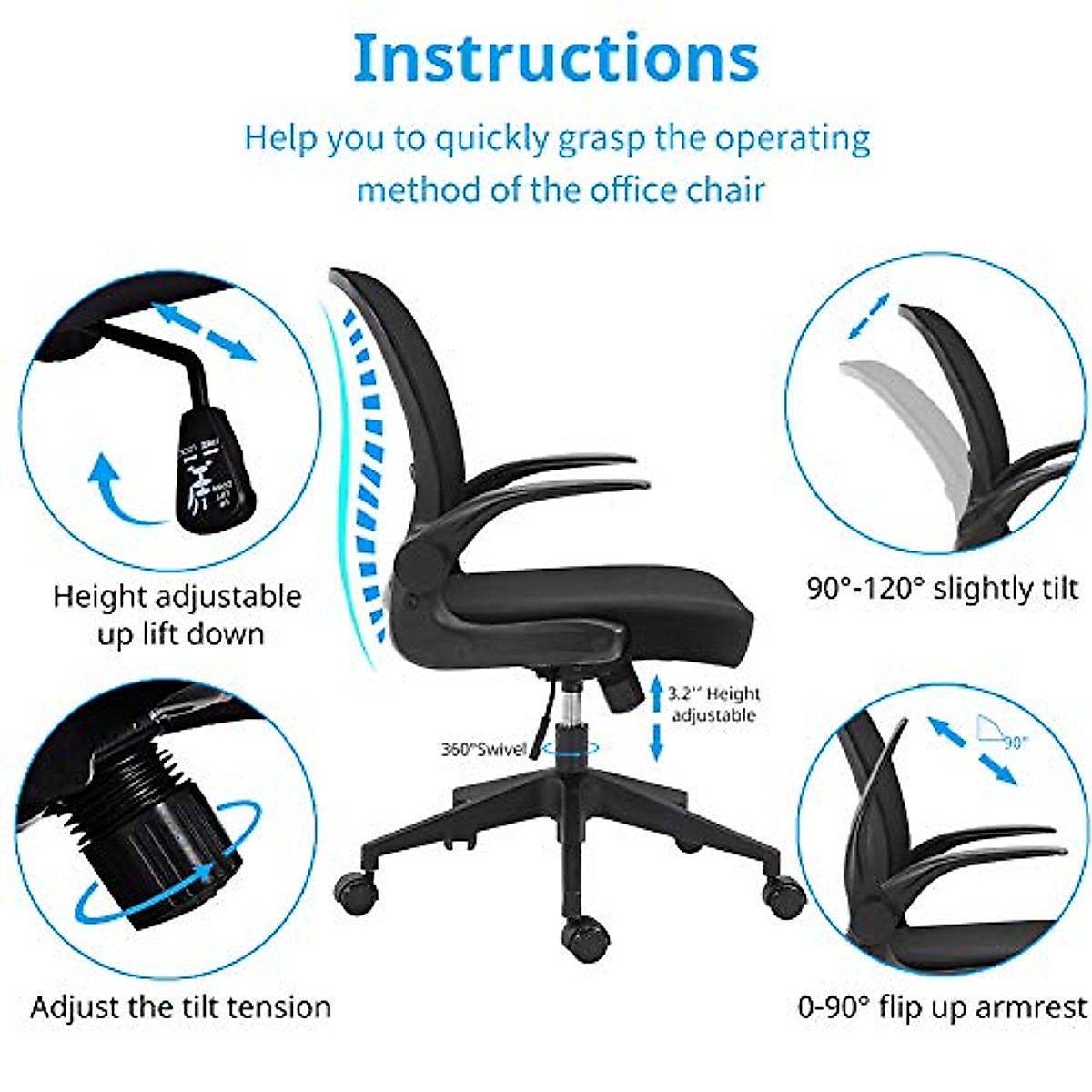 URRED Ergonomic Office Chair Mesh with Foldable Backrest, Mesh Home Office Computer Task Desk Chairs with Adjustable Arms and 360 Degree Universal Wheels (Black)