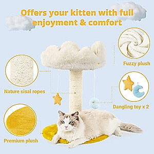 Happi N Pets Cloud Cat Scratching Post with Bed, Cat Tree Tower for Indoor Cats, Nature Sisal Cat Scratcher with Cozy Fluffy Perch for Kitten & Adult Cats, Small Cat Tower with Toys, Stable Cat Stand