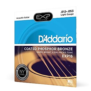 D’Addario EXP16 Coated Phosphor Bronze Acoustic Guitar Strings, Light, 12-53 – Offers a Warm, Bright and Well-Balanced Acoustic Tone and 4x Longer Life - With NY Steel for Strength and Pitch Stability