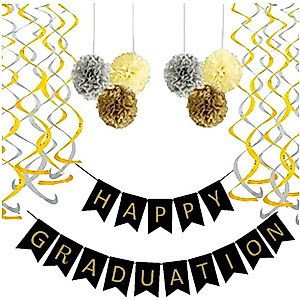 Graduation Party Decorations 2022, Happy Graduation Banner with 6 Pom Poms 2 Gold 2 Yellow 2 Sliver, 6 Swirls 3 Gold 3 Sliver, Graduation Decorations, Graduation Party Supplies 2022